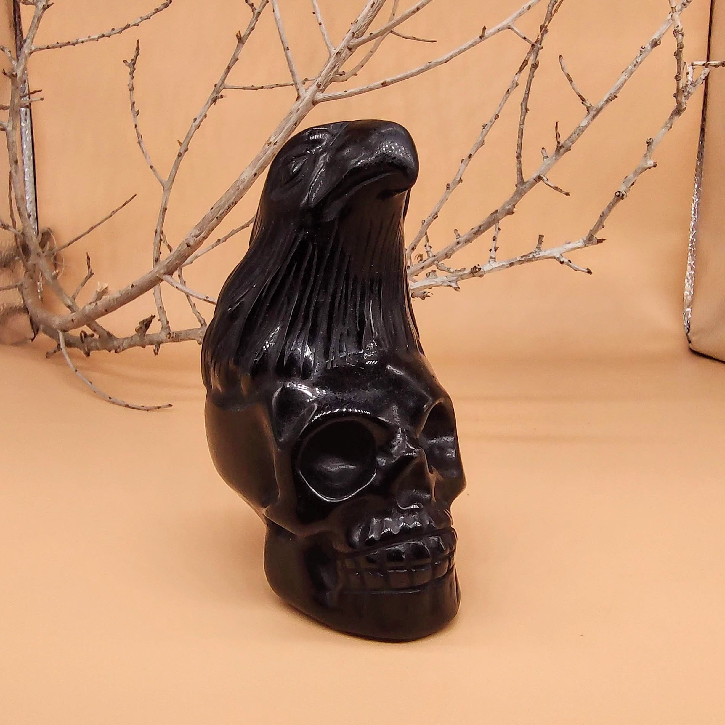 Black Obsidian Skull with Crow Raven | Karma Cottage